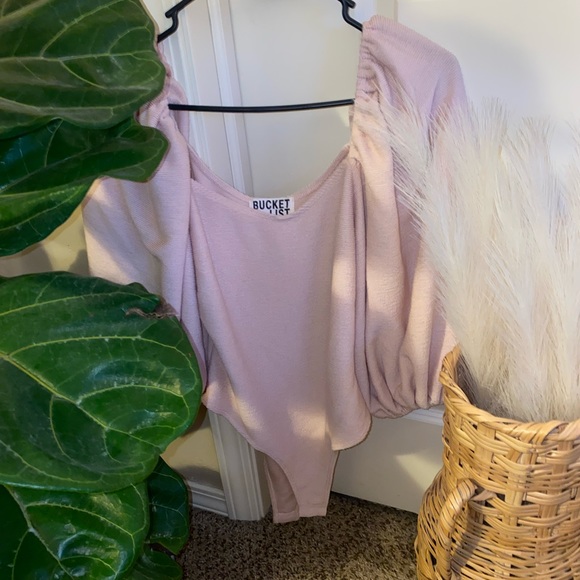Tops | Bucket List Pink Puffy Shoulders Bodysuit | Poshmark